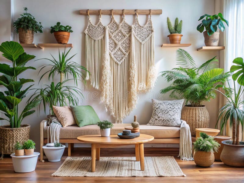 Stylish Boho Home Decor** Scene with Macrame and Plants Stock ...