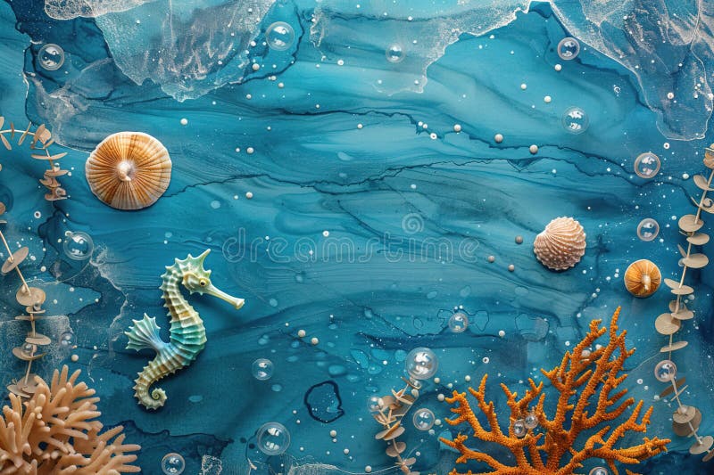 Stylish Border Frame with Seahorse with Algae, Shells and Corals on ...