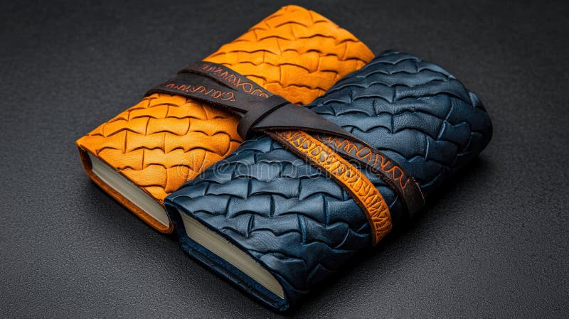 Stylish Braided Journals in Orange and Blue on a Dark Textured Surface ...