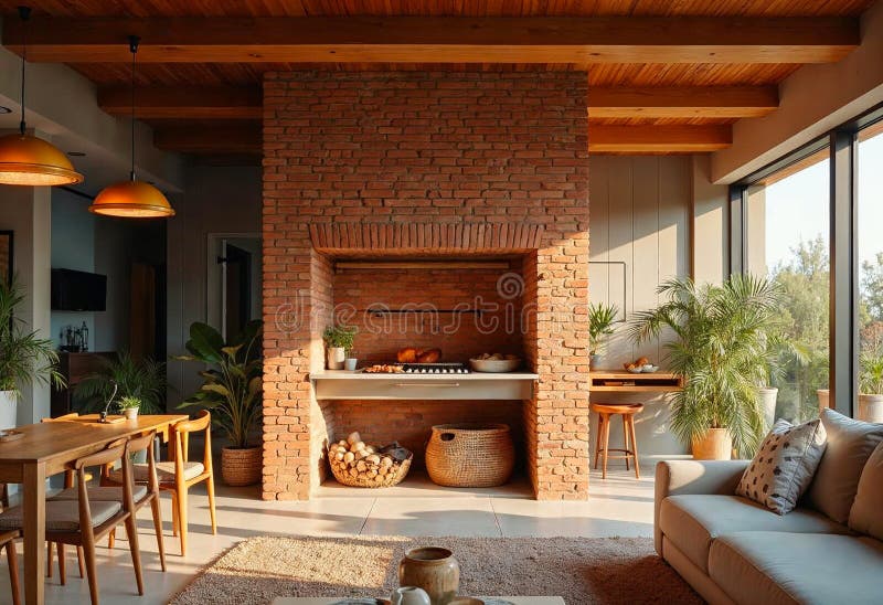 Stylish Brick Barbecue with Open Flame Inside Elegant Modern Home Stock ...