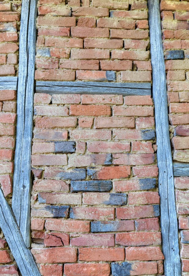 Stylish Brick Wall with Wooden Beams Stock Image - Image of decor, beam ...