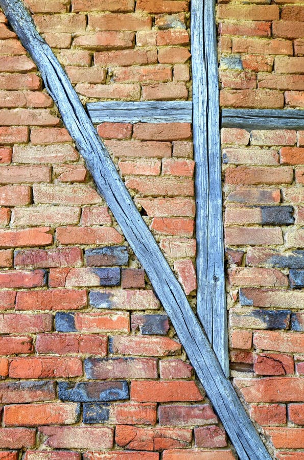 Stylish Brick Wall with Wooden Beams Stock Photo - Image of closeup ...