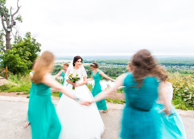 Stylish Bridesmaids Have Fun with Bride Stock Image - Image of happy ...