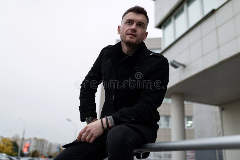Stylish Brutal Man Defiant Looking at Camera Outside Stock Image ...