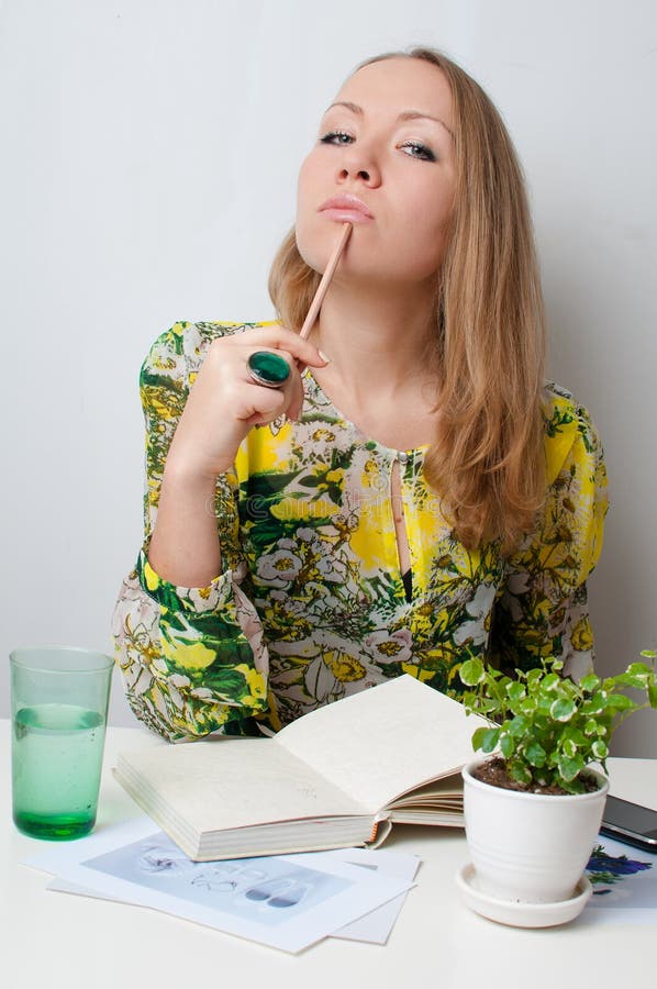 Stylish Business Woman at the Table Thinking Stock Image - Image of ...