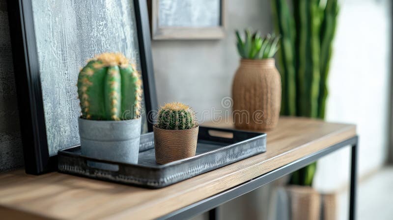Stylish Cactus Decor on Modern Console Table Stock Illustration ...