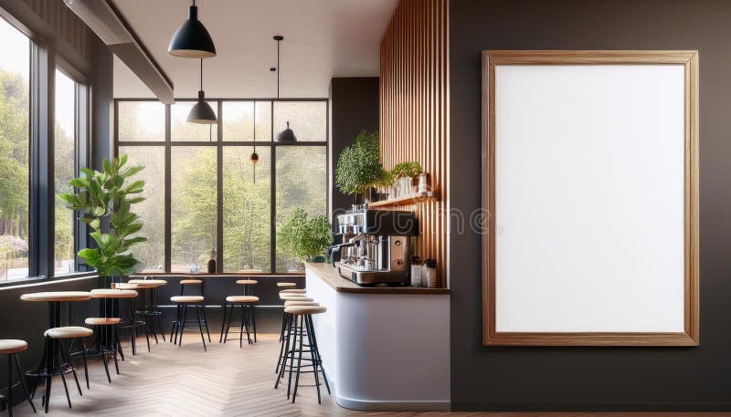 Stylish Cafe Interior with Bar Island and Coffee Machine, Window ...