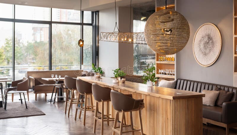 Stylish Cafe Interior with Bar Island and Dining Tables with Sofa in ...