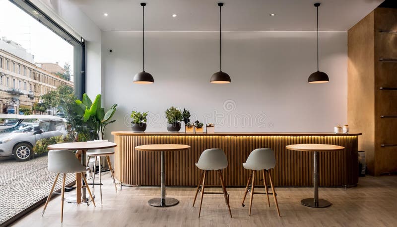 Stylish Cafe Interior with Chairs and Tables with Bar Island, Mock Up ...