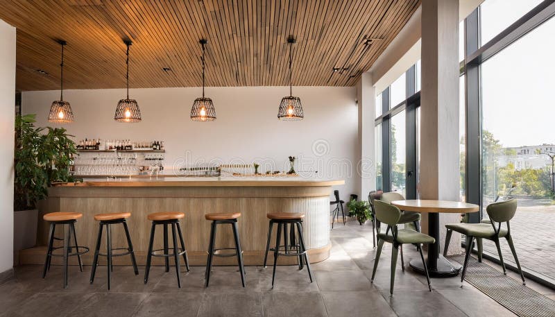 Stylish Cafe Interior with Chairs and Tables with Bar Island, Mock Up ...