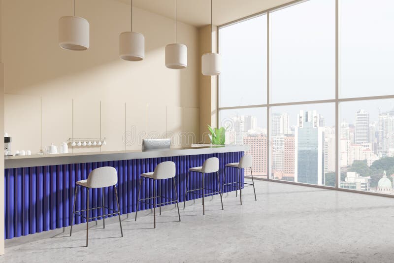 Stylish Cafe Interior with Counter and Pc Computer Desk, Bar Stool and ...