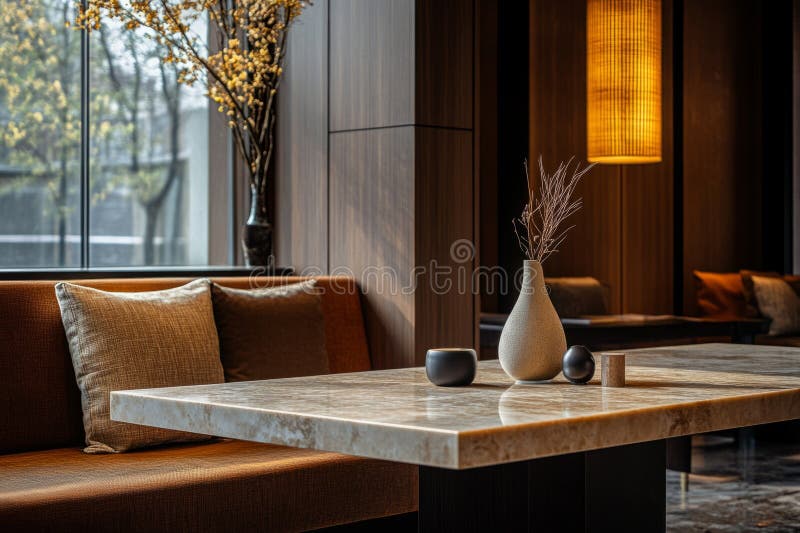 Stylish Cafe Setting with Marble Table and Warm Lighting Stock ...