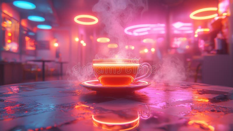 Stylish Cafe with Steaming Cup of Coffee in Vibrant Neon Lights Stock ...