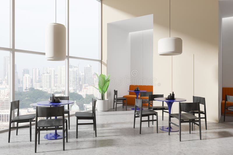 Stylish Cafeteria Interior with Chairs and Tables in Row, Panoramic ...