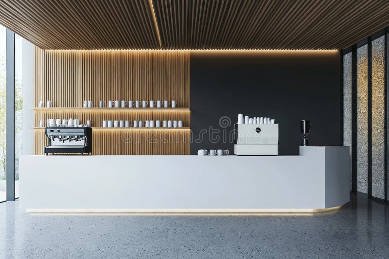 Stylish Cafeteria Interiors with Bar Counters and Shelves, Panoramic ...
