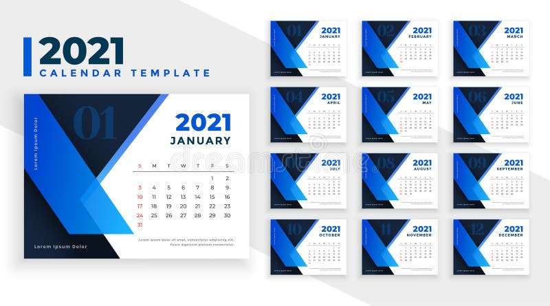Stylish 2021 Calendar Template in Blue Geometric Shapes Style Stock ...