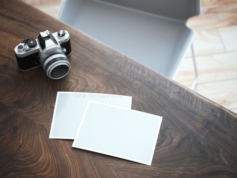 Stylish Camera and Photos on Wooden Table. 3d Rendering Stock Image ...