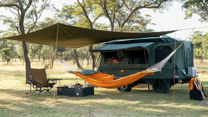 Stylish Camping Setup with Hammock.. Stock Image - Image of adult ...