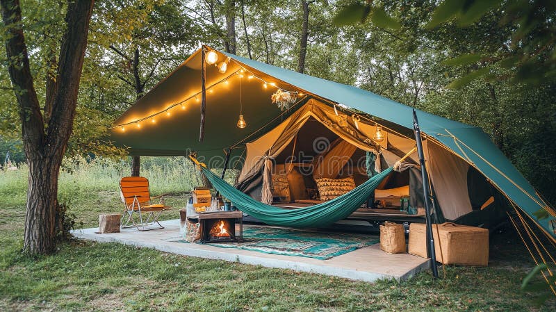 Stylish Camping Setup with Hammock.. Stock Photo - Image of relaxing ...