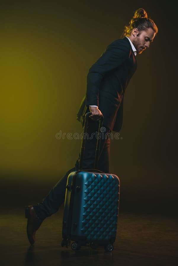 Stylish Caucasian Man in Suit Walking with Suitcase Stock Image - Image ...