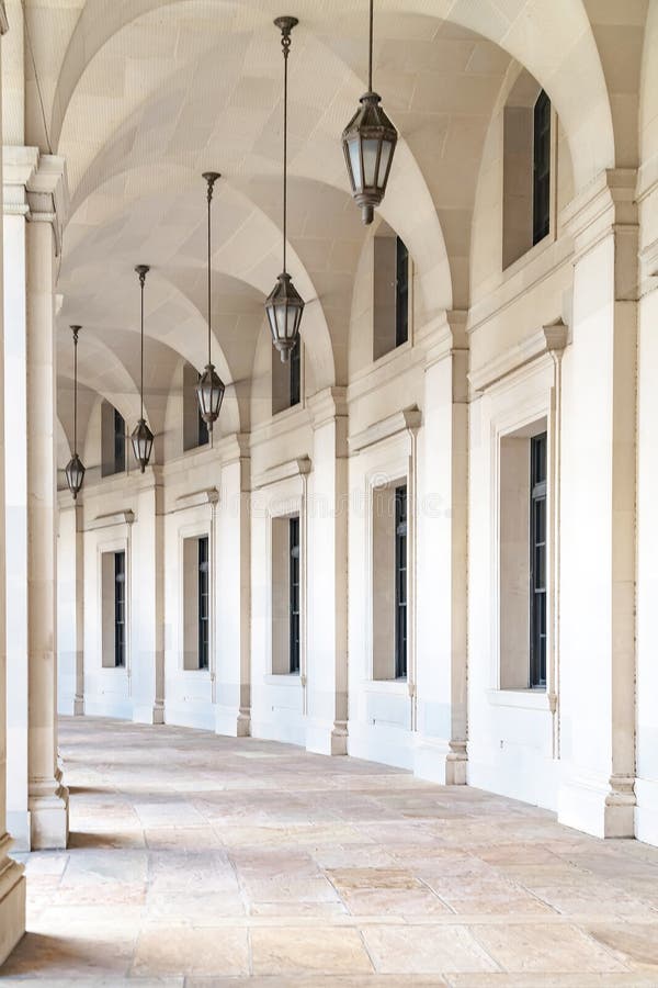 Stylish Ceiling Street Lamps in the Arches of a Long Hallway Stock Photo - Image of lamp ...