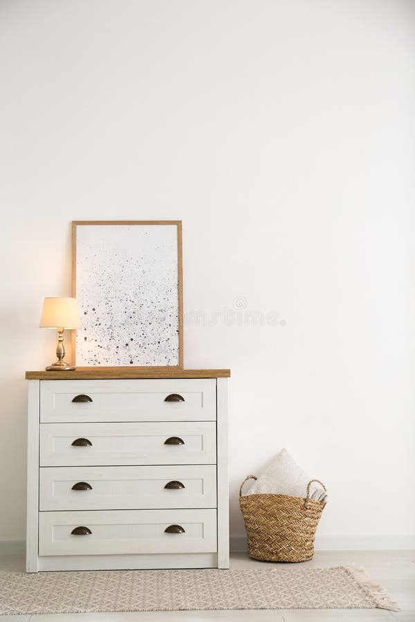 Stylish Chest of Drawers in Living Room Interior Stock Photo - Image of ...