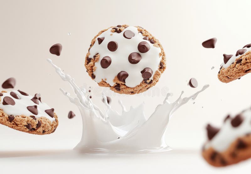 Stylish Chocolate Chip Cookies Diving into a Splash of Milk in a ...