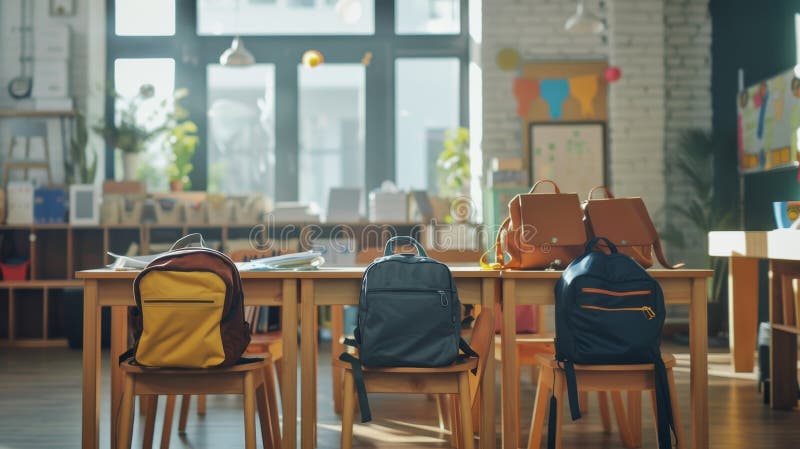 Stylish Classroom Interior with Backpacks and Diverse School Supplies ...