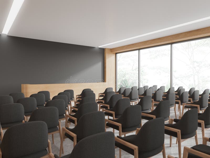 Stylish Classroom Interior with Grey Chairs in Row and Panoramic Window ...