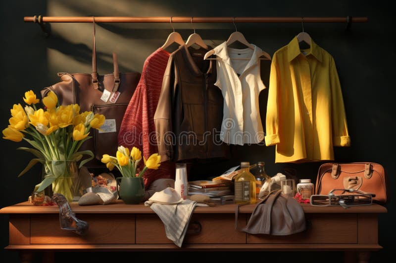 Stylish Clothes and Accessories on Chest of Drawers in Dressing Room ...