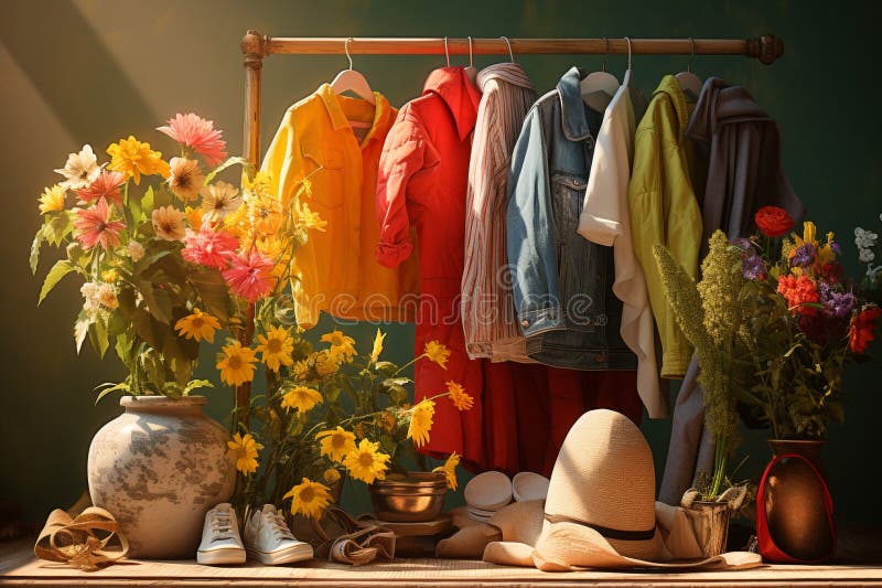 Stylish Clothes and Accessories on Chest of Drawers in Dressing Room ...