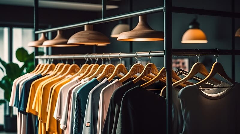 Stylish Clothes Rack with Bright Ceiling Lights and Array of Shirts ...