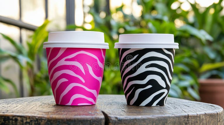 Stylish Coffee Cups Adorned with a Wave Pattern are Placed on a Table ...