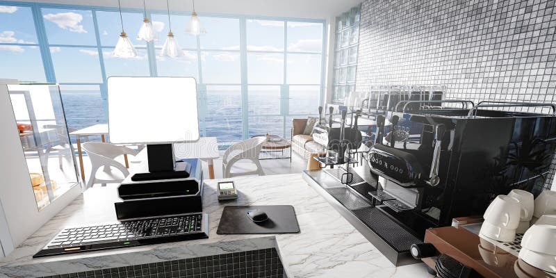 Stylish Coffee Shop Interior with Panoramic Ocean View, 3D Render ...