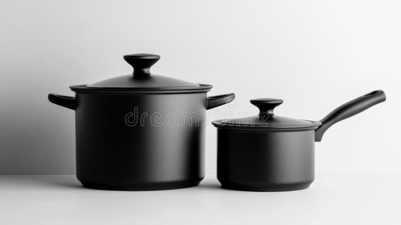 Stylish Collection of Black Cooking Pots on a Minimalistic Kitchen ...