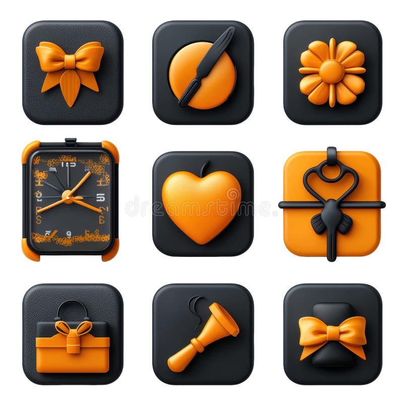 Stylish Collection of Orange and Black Rounded Square Icons Featuring ...