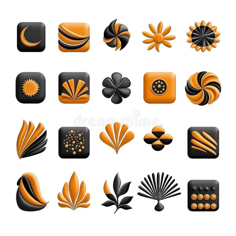 Stylish Collection of Orange and Black Rounded Square Icons Featuring ...