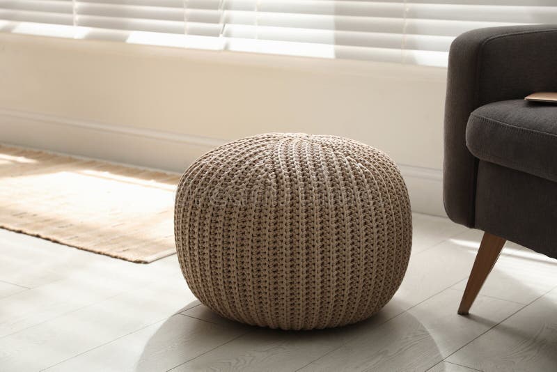 Stylish Comfortable Pouf in Room. Home Design Stock Image - Image of ...