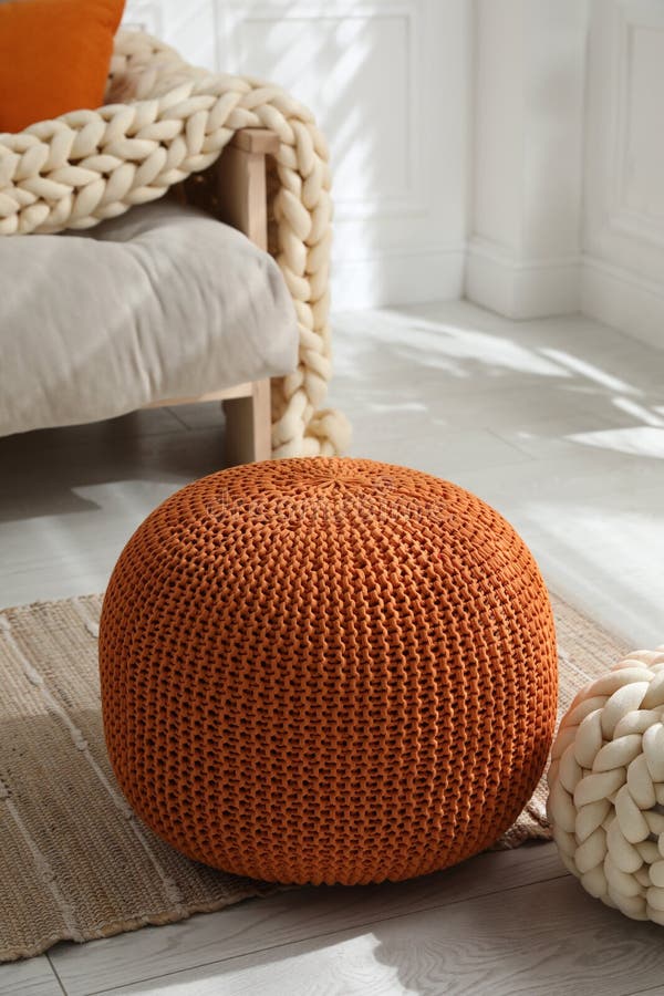 Stylish Comfortable Poufs in Room. Home Design Stock Photo - Image of ...