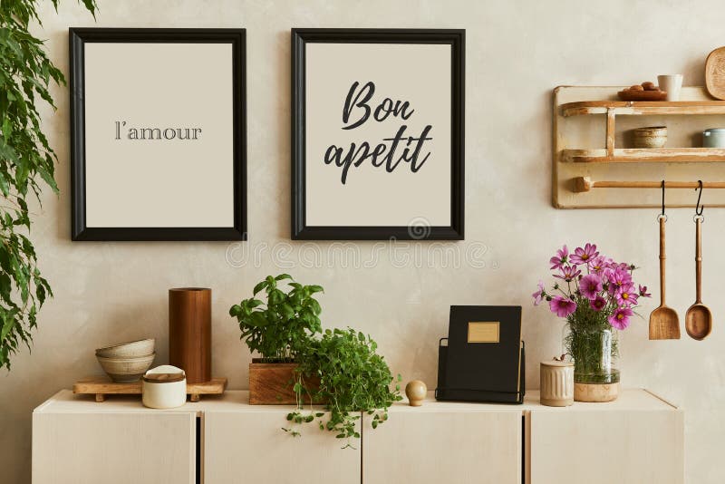 Stylish Composition of Cozy Kitchen Interior Design with Mock Up Poster ...