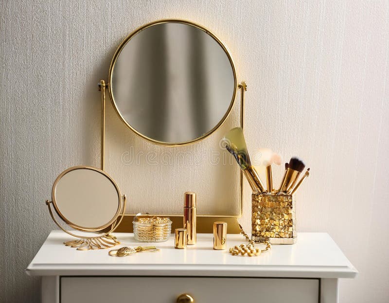 Chic Composition: Gold Accessories on Dressing Table by White Wall ...