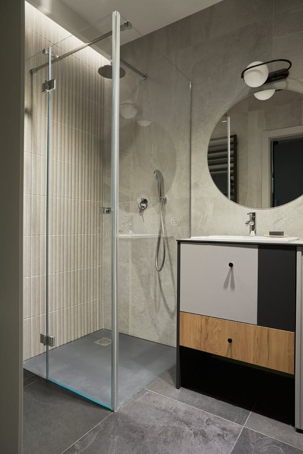 Stylish Composition of Modern Bathroom Interior. Designed Shower, Mixed ...
