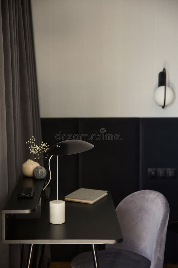 Stylish Composition of Small Modern Workspace Interior with Lamp and ...