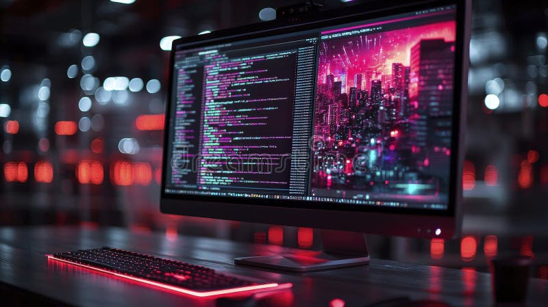 Stylish Computer Setup with Neon Code Display Stock Illustration ...