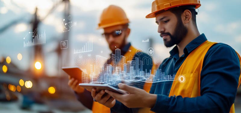 Stylish Construction Site Workers Using Digital Tablets To Analyze Data ...