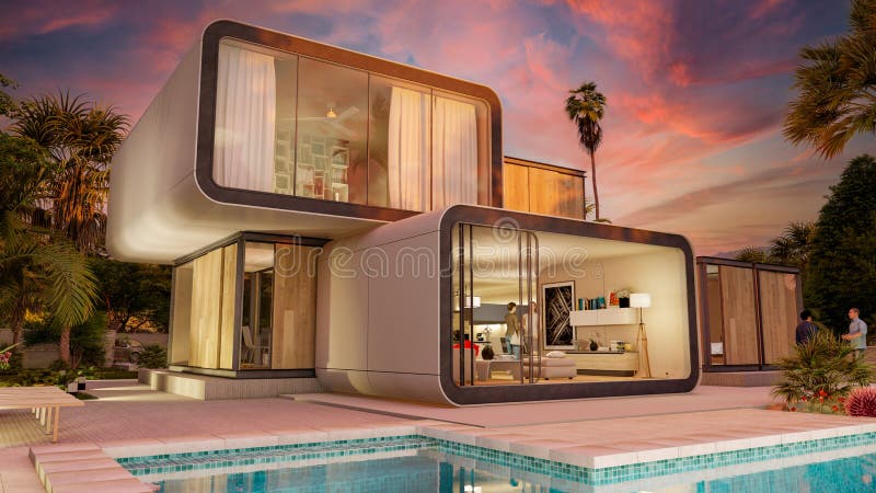 Stylish Contemporary House at Sunset Stock Illustration - Illustration ...