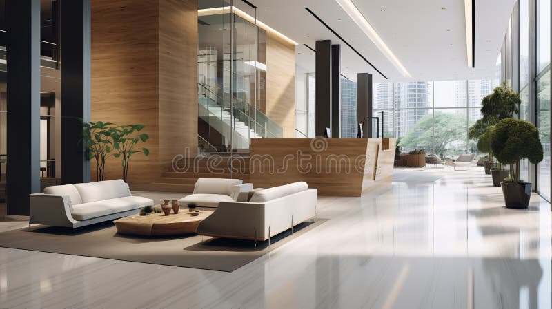 A Stylish Corporate Office Lobby with a Reception Desk Stock ...