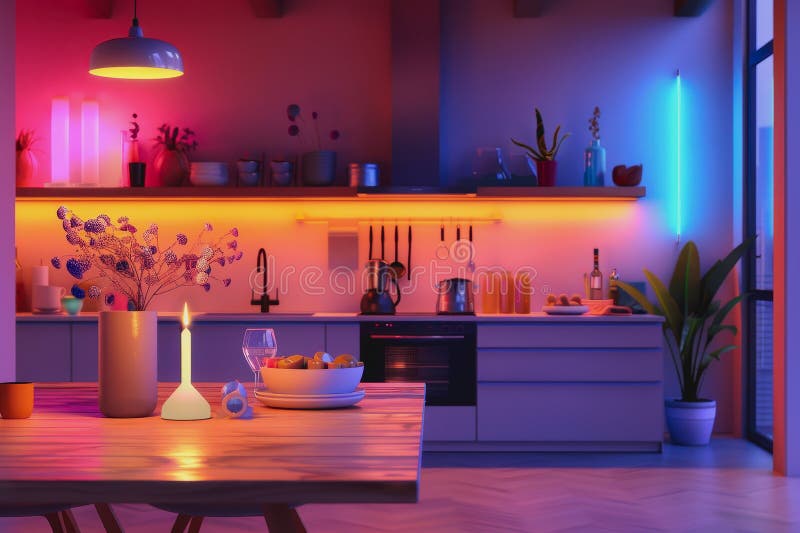 Stylish Cozy Kitchen with Warm Lighting, Wooden Table, and Space for ...