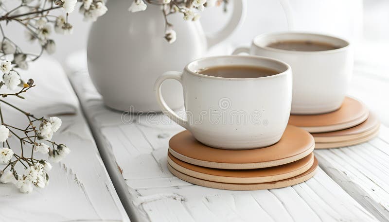 Stylish Cup Coasters on White Wooden Table Stock Image - Image of view ...