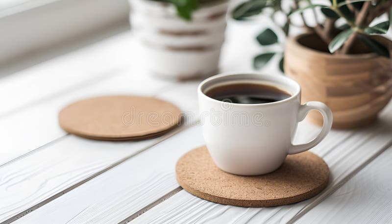 Stylish Cup Coasters on White Wooden Table Stock Image - Image of trend ...